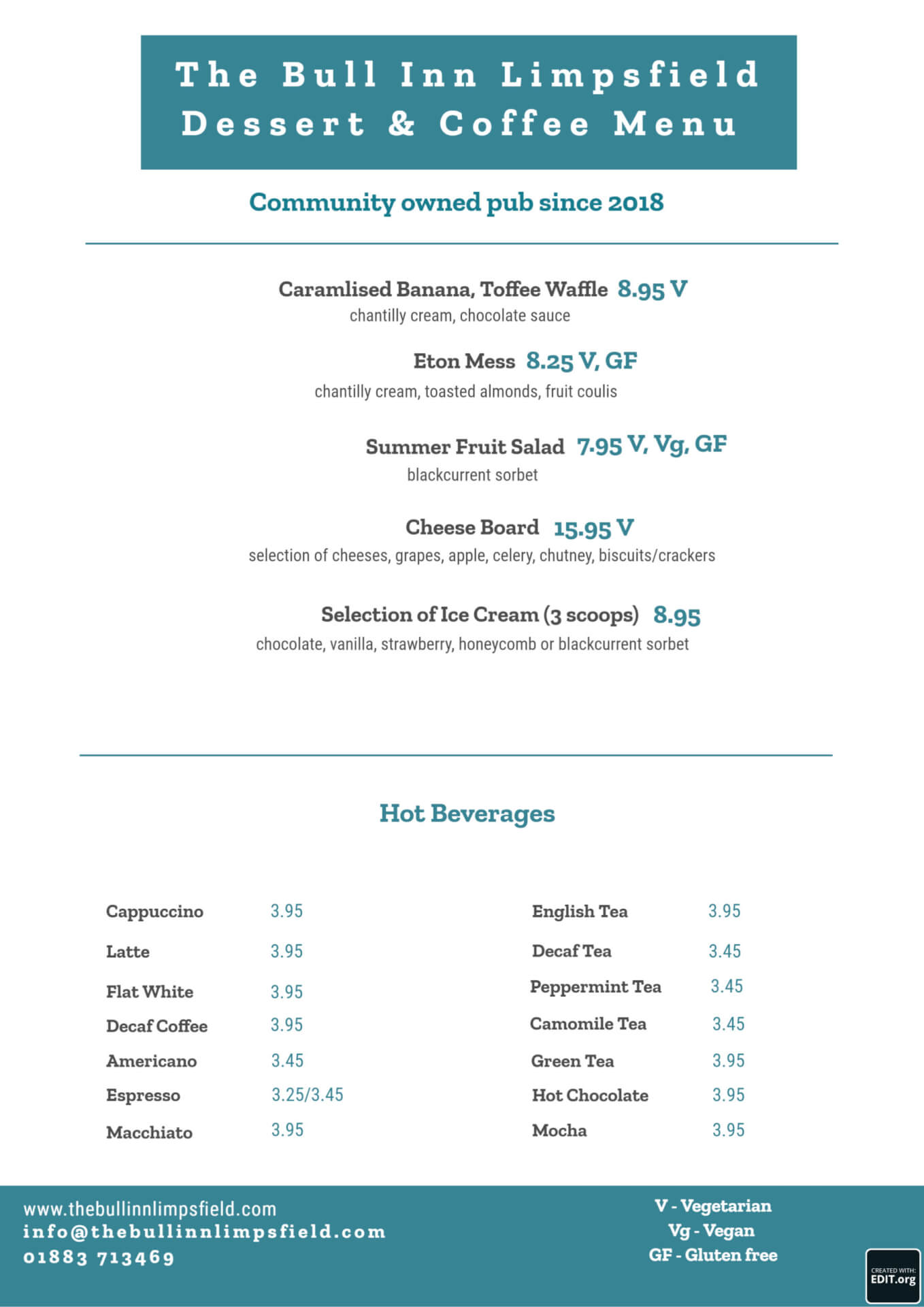 NEW DESSERT MENU – The Bull Inn Limpsfield